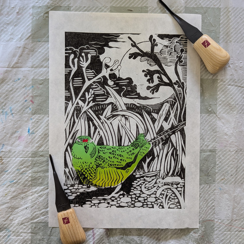 Western Ground Parrot/Kyloring relief print – Moya George Designs